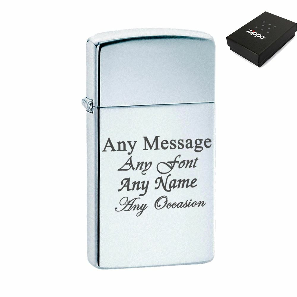 Engraved High Polished Chrome Slim Zippo, Official Zippo lighter - Personalised Gift Supply